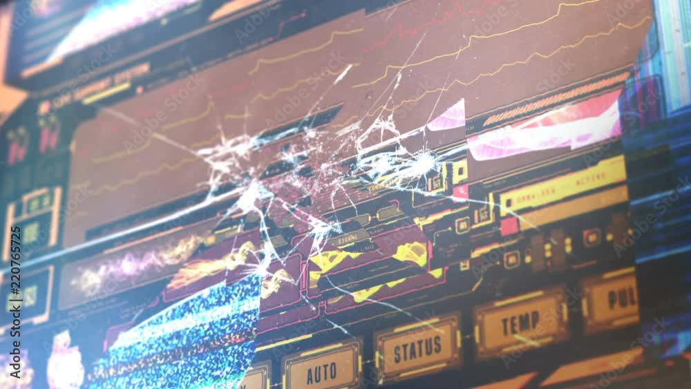 Futuristic life support monitor, broken screen, patient dying, hazard ...