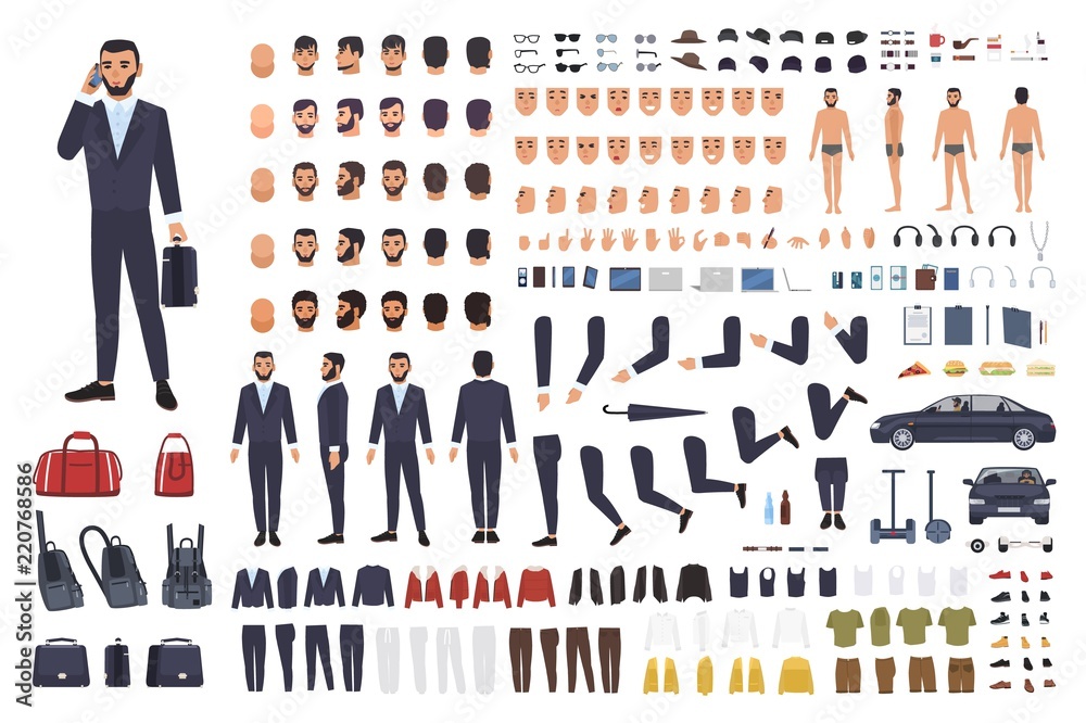 Caucasian businessman or clerk creation set or DIY kit. Bundle of male ...