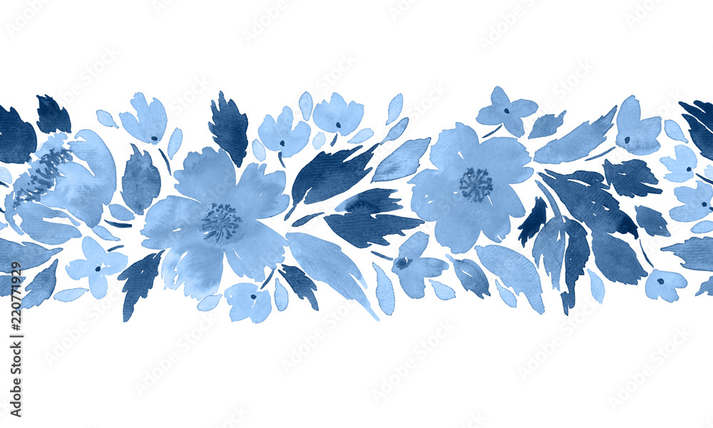Seamless watercolor floral border pattern in blue Stock Illustration ...