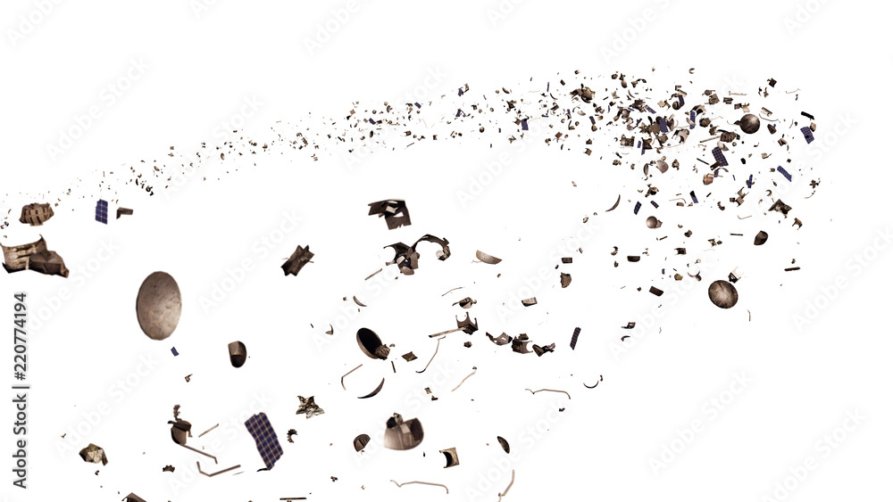 space debris in Earth orbit, dangerous junk isolated on white ...