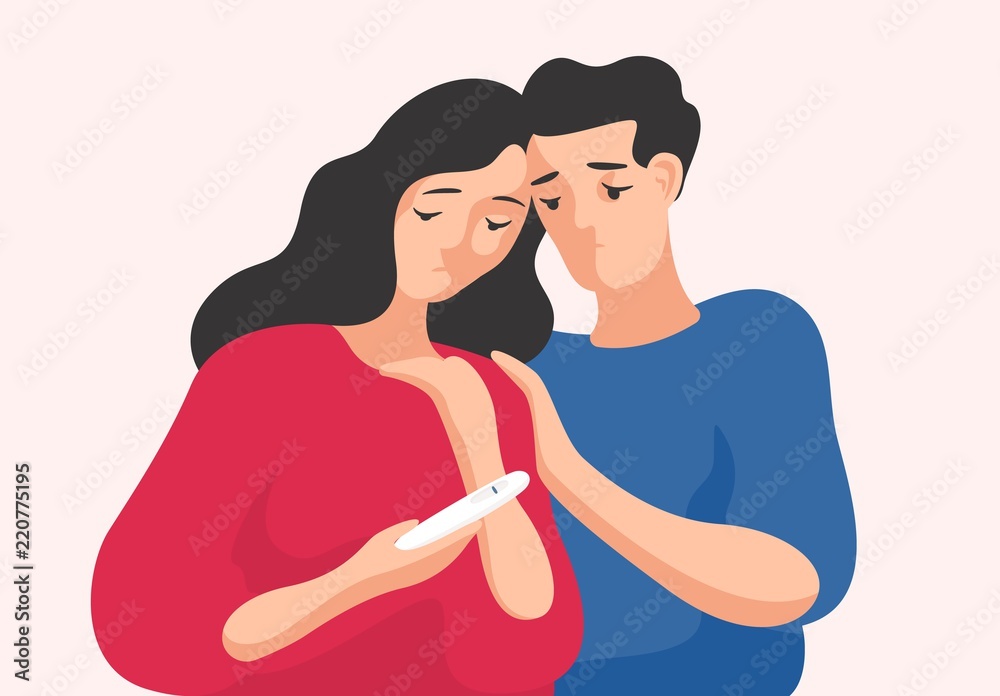 Sad man and woman standing together and looking at pregnancy test ...