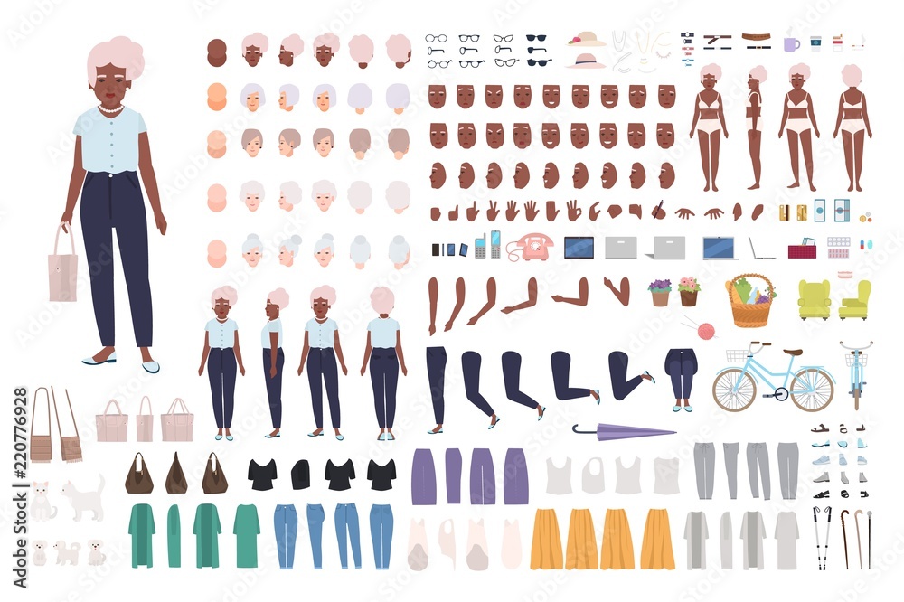 Elegant old lady or granny animation set. Bundle of female body parts ...