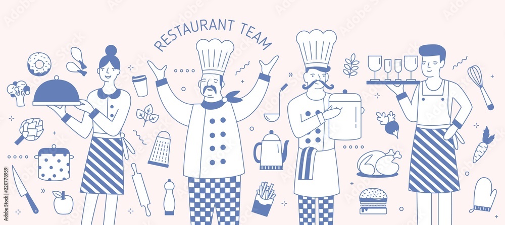 Horizontal banner template with chief, cook, waiter and waitress ...