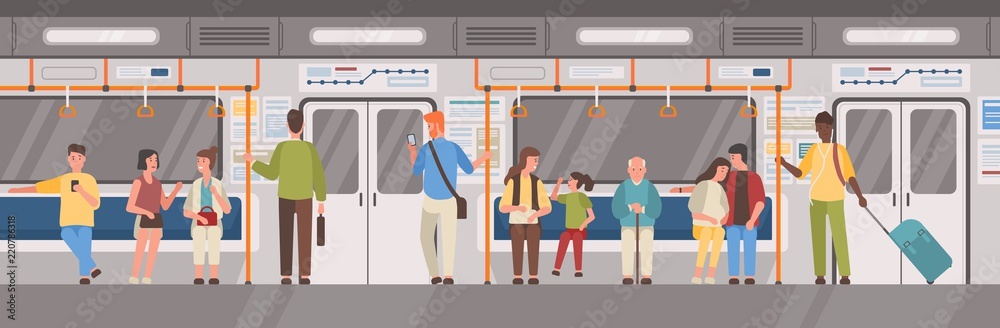 People or city dwellers in metro, subway, tube or underground train car ...