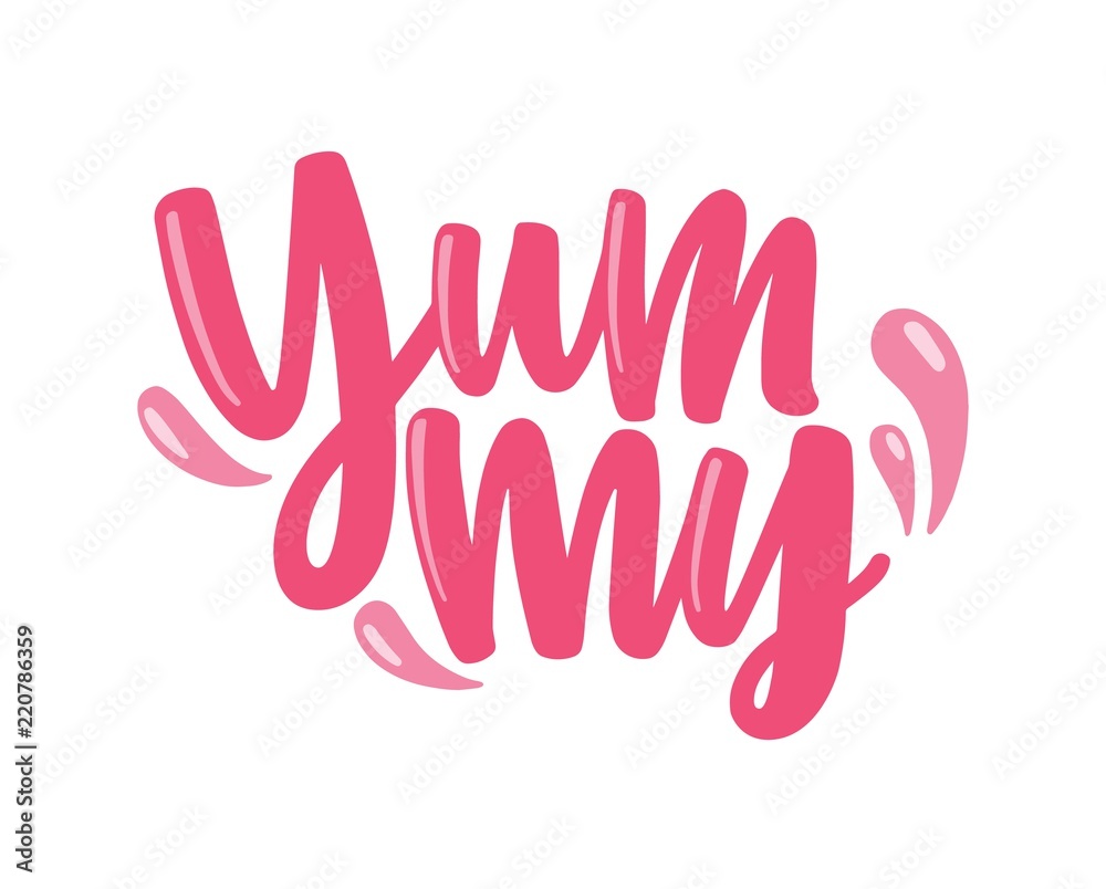 Yummy word handwritten with elegant pink cursive calligraphic font or ...