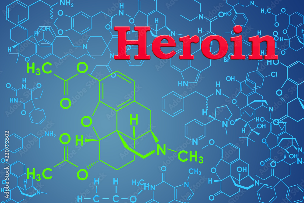 Heroin, diamorphine. Chemical formula, molecular structure. 3D ...