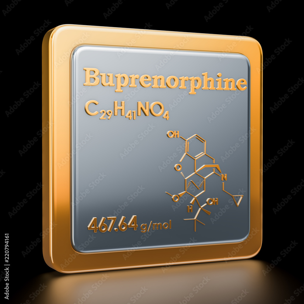 Buprenorphine. Icon, chemical formula, molecular structure. 3D ...