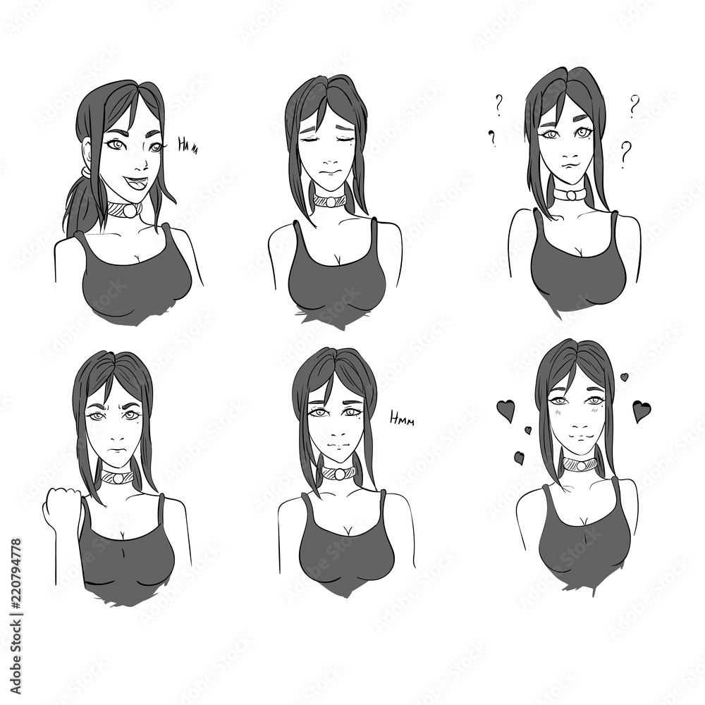 Girl face in different moods Vector. Storyboard character artline ...
