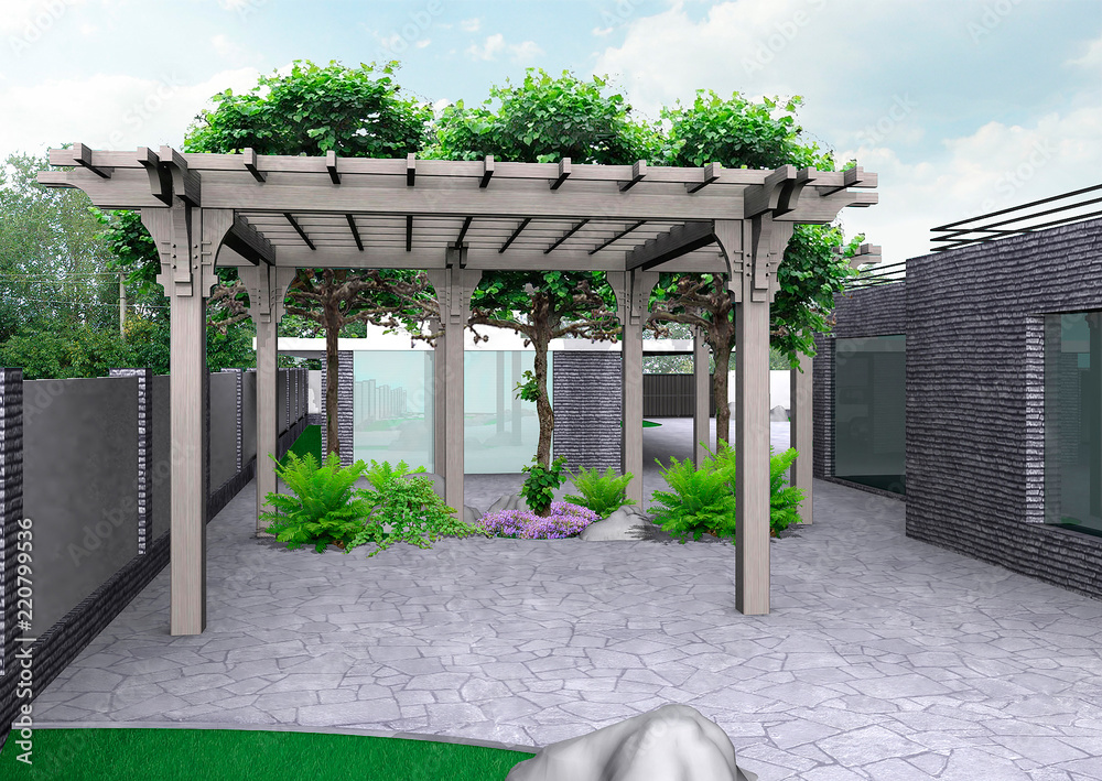 Home patio and horticultural background, 3D rendering Stock ...