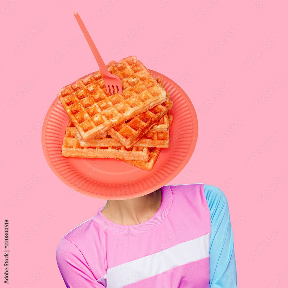 Waffle head.Contemporary art collage. Funny Fast food minimal project ...