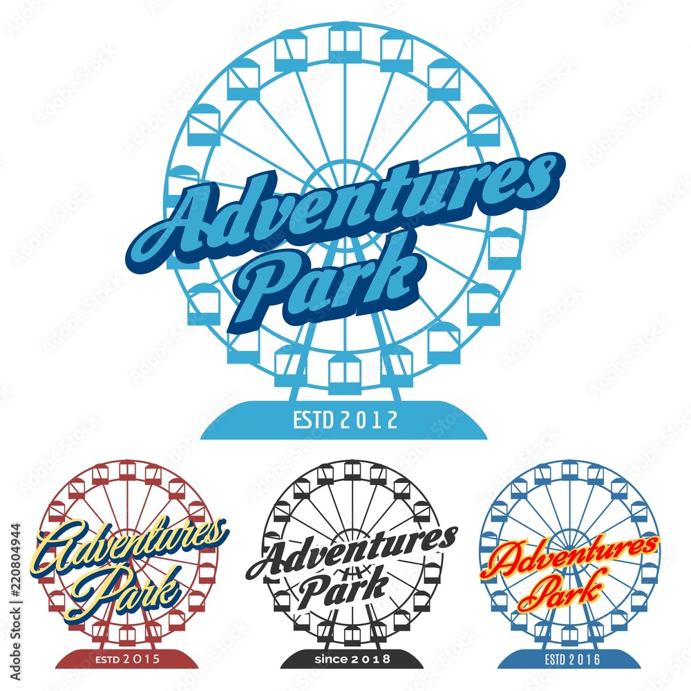 Adventure park emblem. Carnival fun park logo with ferris wheel, vector ...