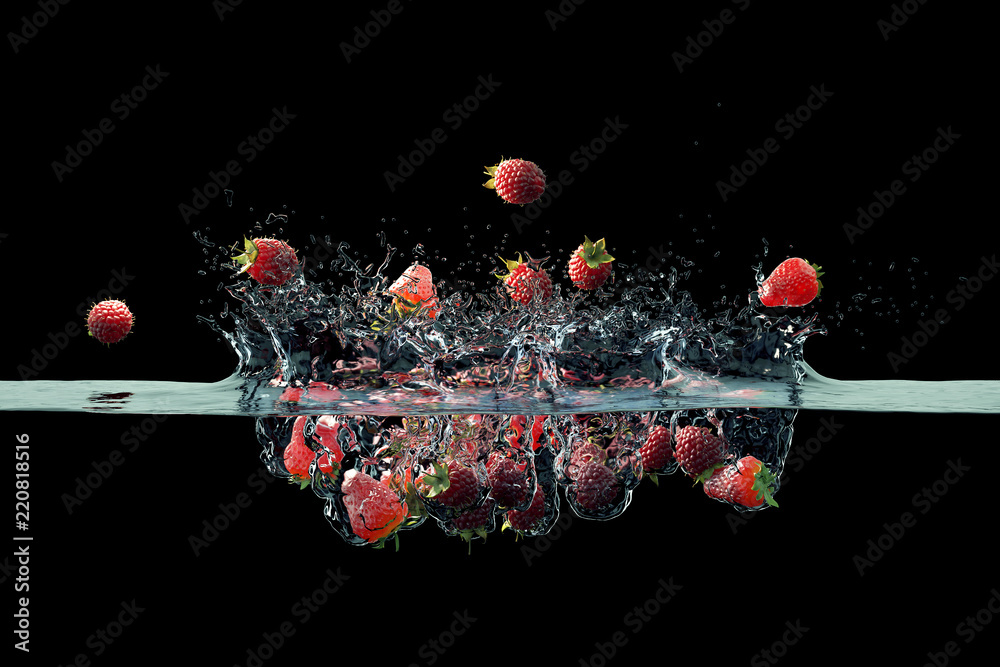 strawberries and raspberry falling into water Stock-Illustration ...