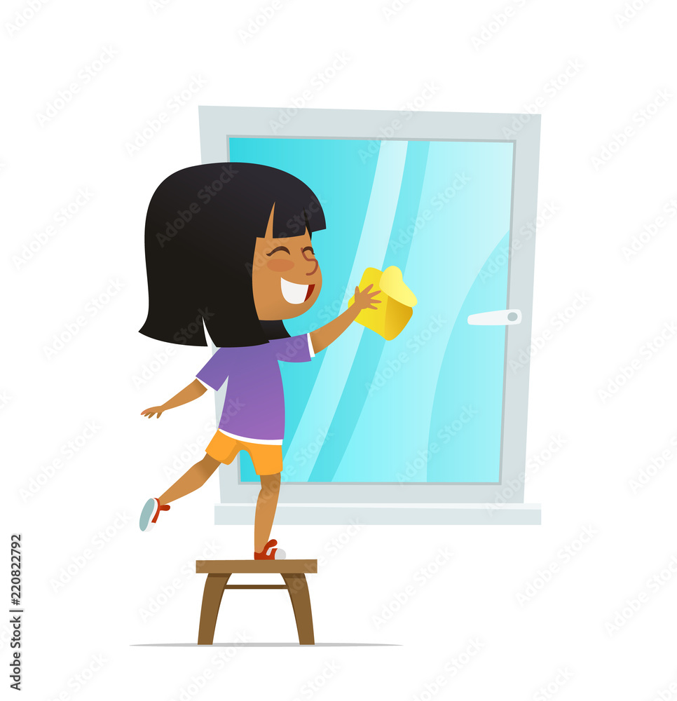 Smilind girl washing window, Concept of Montessori engaging educational ...