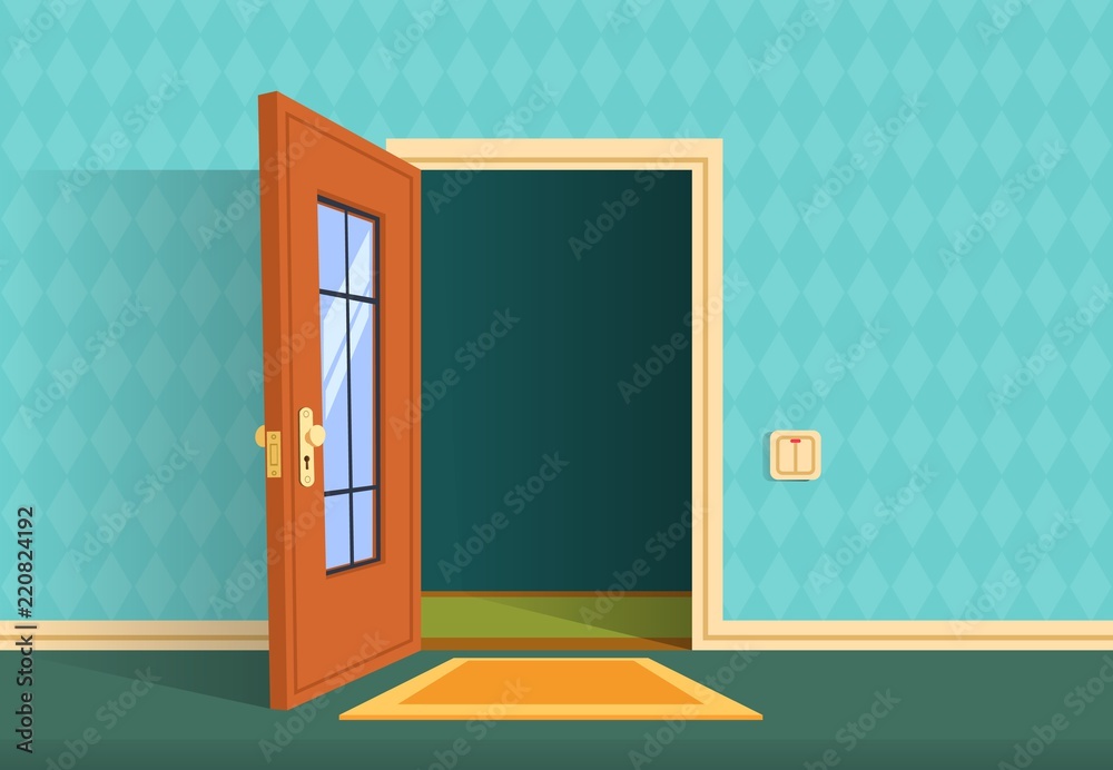 Cartoon open door. Apartment hallway entrance, office lobby. Home entry ...