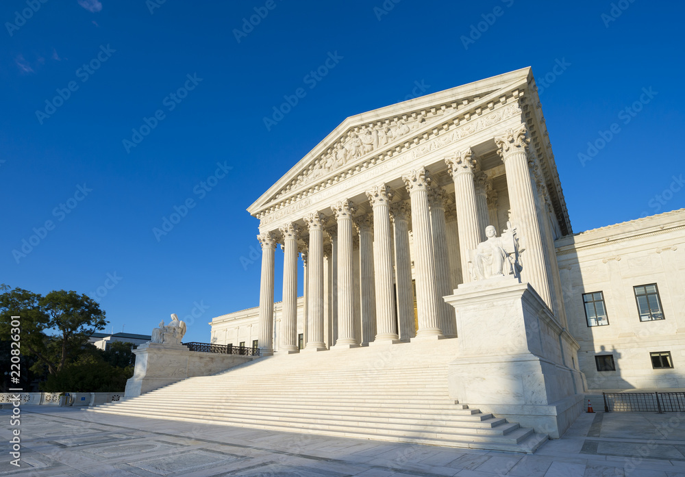 Neoclassical columned entrance portico to the US Supreme Court building ...