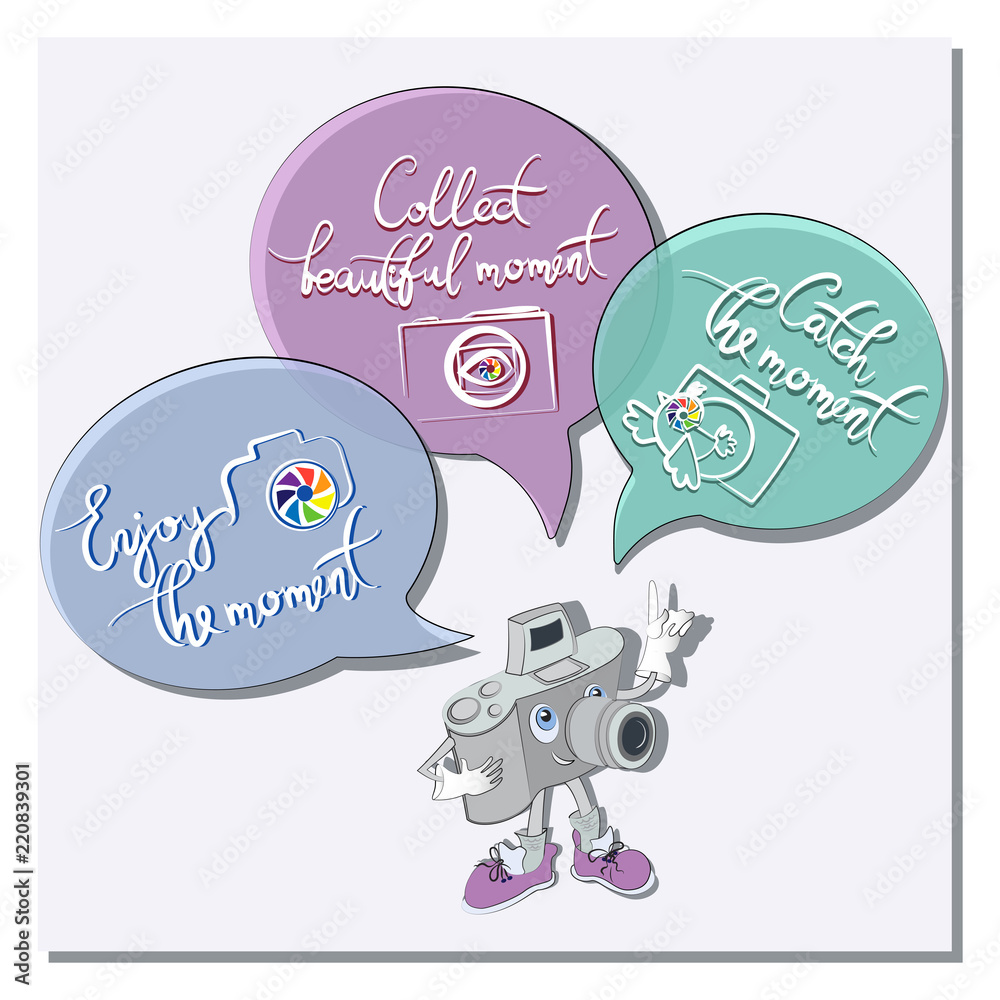 Funny character with quote speech bubbles. Poster with a funny camera ...