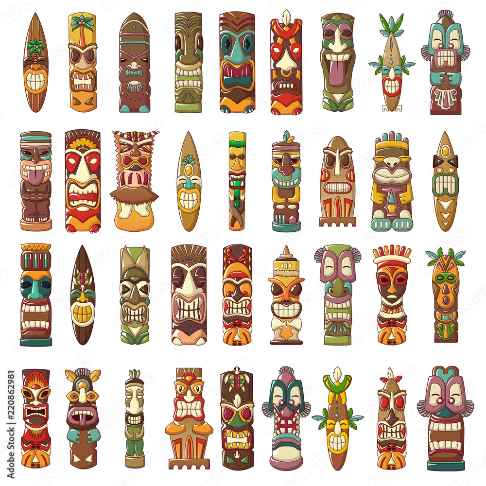 Vetor de Tiki idols icon set. Cartoon set of tiki idols vector icons ...