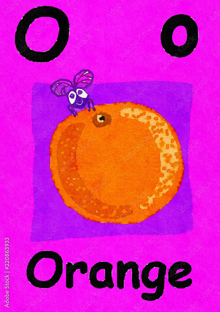 O is for orange. Watercolour cartoon painting of an orange and a fly ...