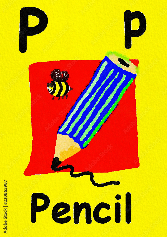P is for pencil. Watercolour cartoon painting of a pencil and bee ...