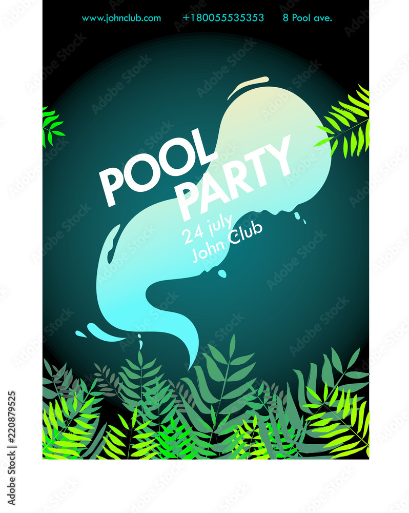 poster of party at the pool with tropical leaves on a dark background ...