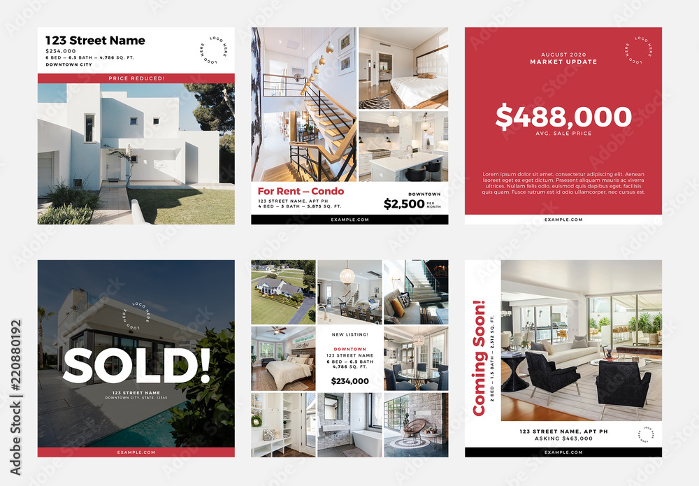 Realtor Social Media Post Layout Set with Red Accents Stock Template ...
