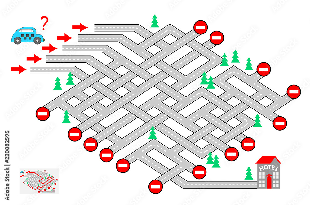 Logic puzzle game with labyrinth for children and adults. Help the taxi ...