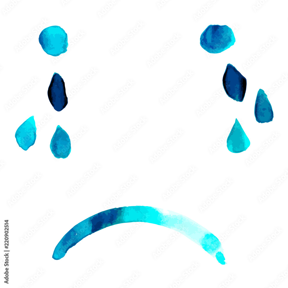 Blue. Abstract vector sad face with tears, hand painted in watercolor ...
