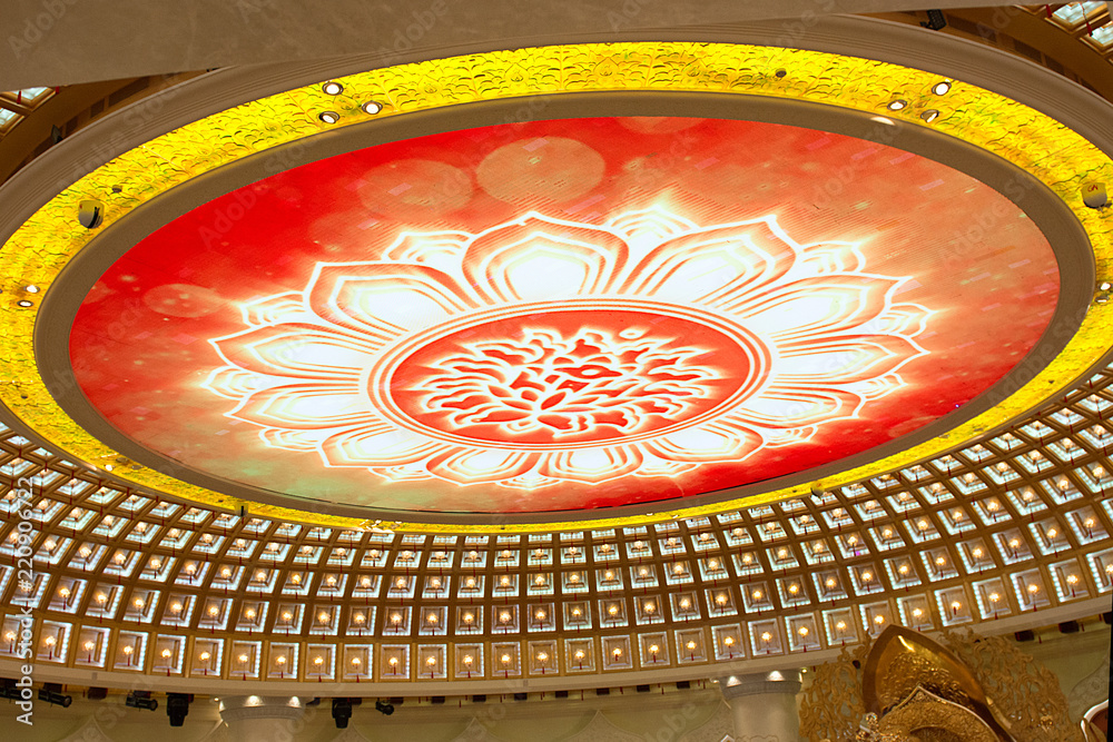 the Centre of Buddhism in Sanya. Temple with Lotus on the ceiling ...