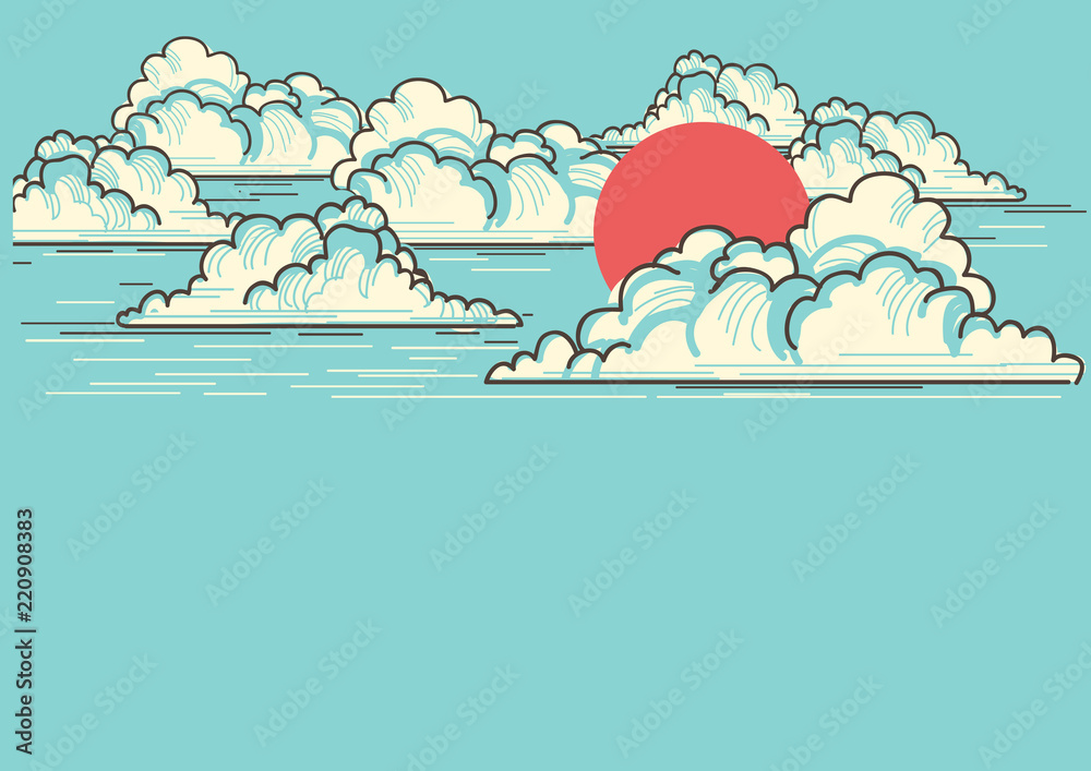 Cloudy blue sky background with red sun.Vector nature illustration ...