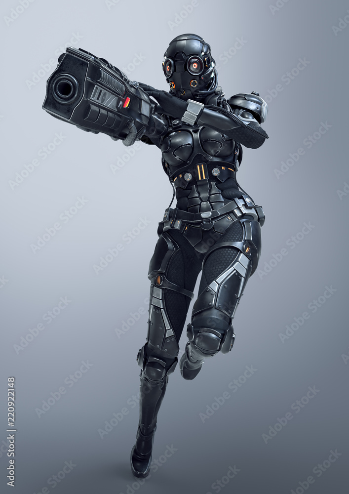 Science fiction cyborg female jumping and shooting with gun. Cyborg ...