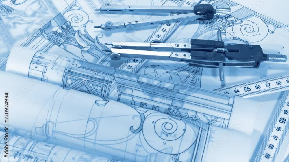 Vidéo Stock workplace of the architect: rolls of architectural drawings ...