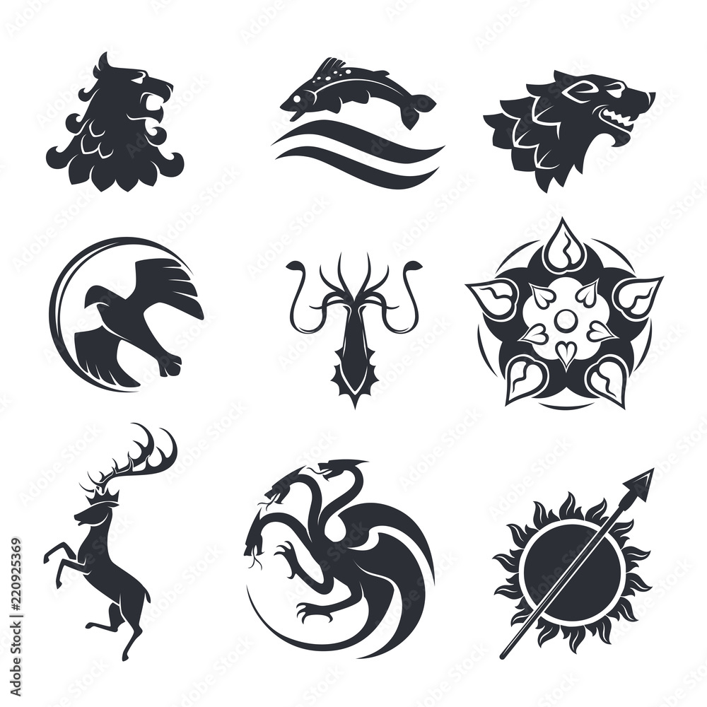 Heraldic gothic vector animals and birds or fish Stock Vector | Adobe Stock