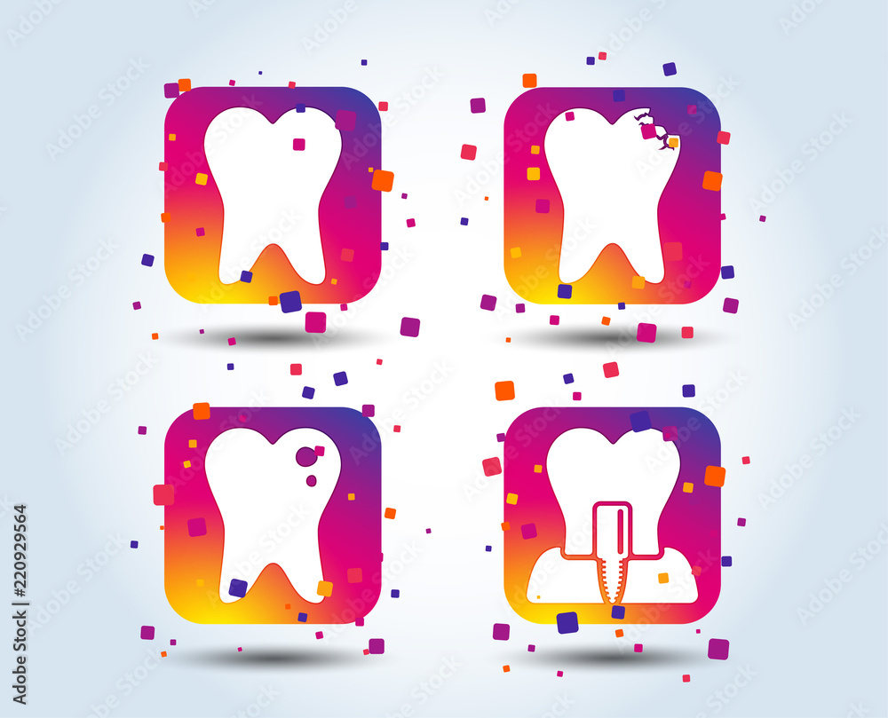 Dental care icons. Caries tooth sign. Tooth endosseous implant symbol. Colour gradient square ...