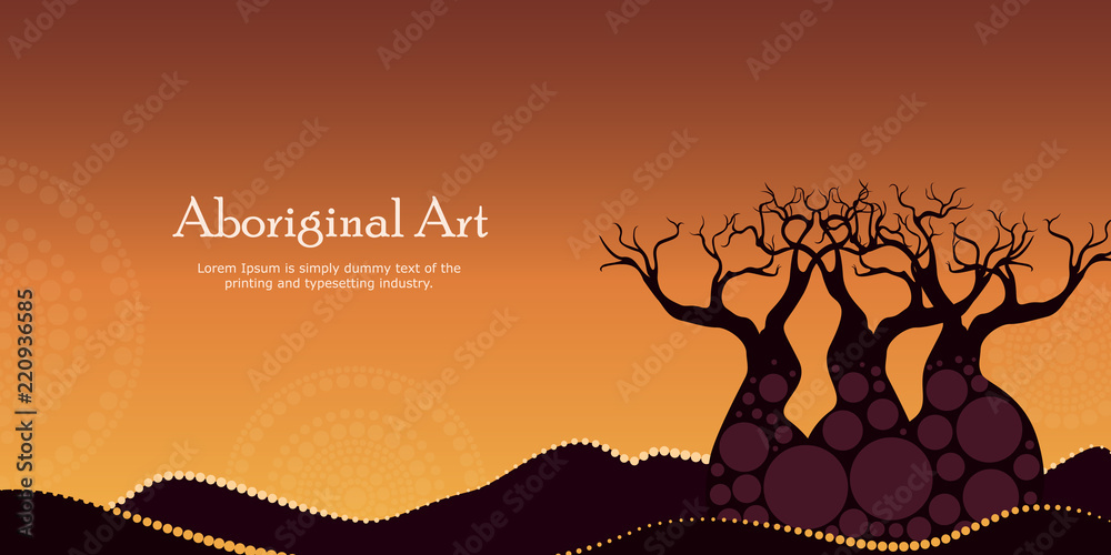 Aboriginal art landscapes vector banner background. Mountain with tree ...