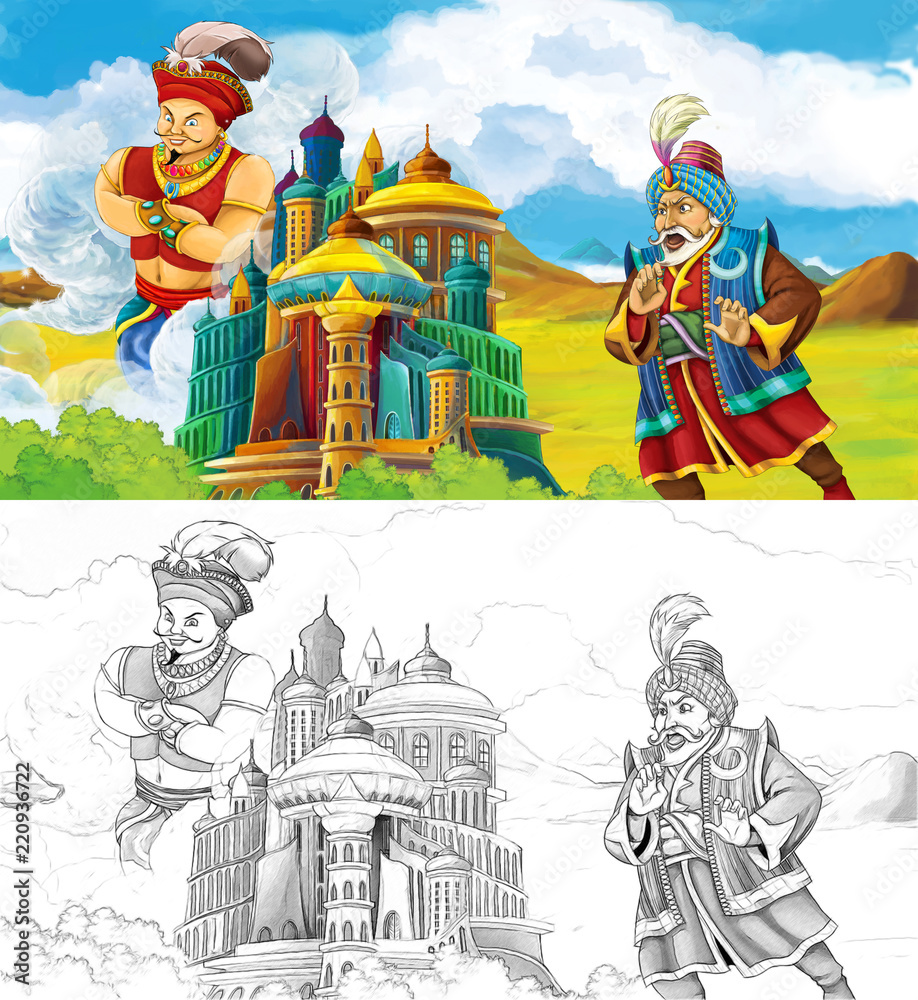 cartoon scene with prince or king with traveling near arabian castle ...