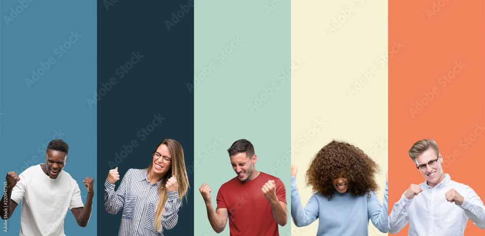 Group of people over vintage colors background very happy and excited ...