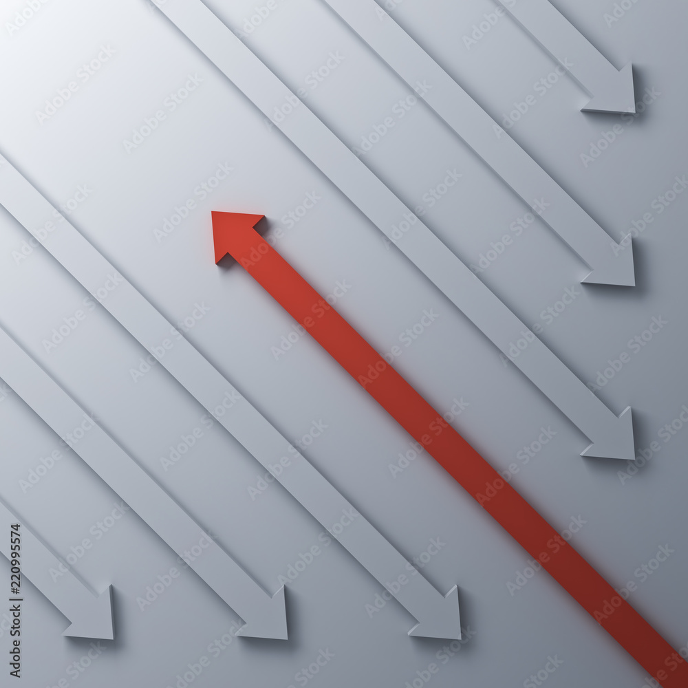 Stand out from the crowd and different concept One red up arrow going ...