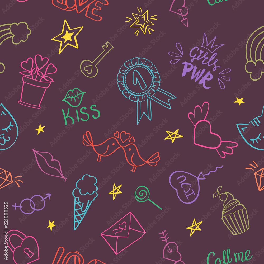 Seamless pattern with hand drawn girly doodles. Repeating background ...