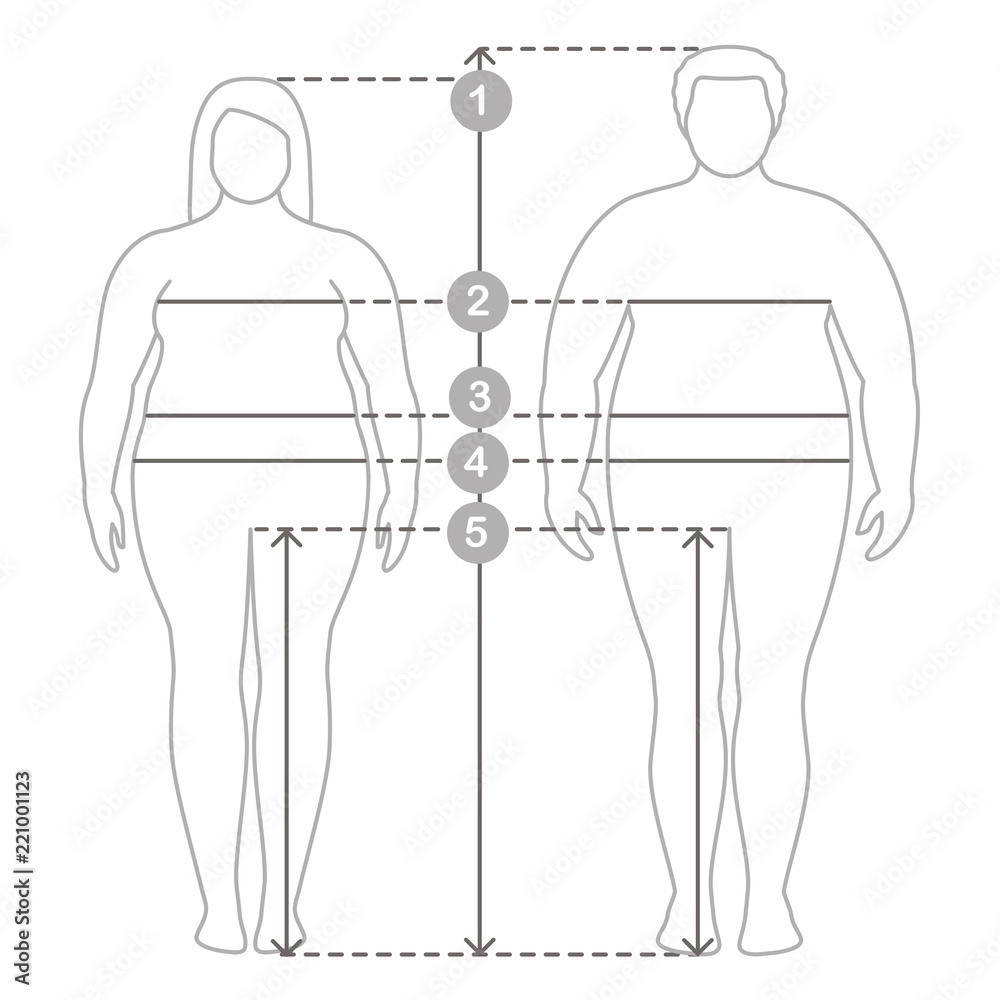 Vetor de Contours of overweight man and women in full length with ...