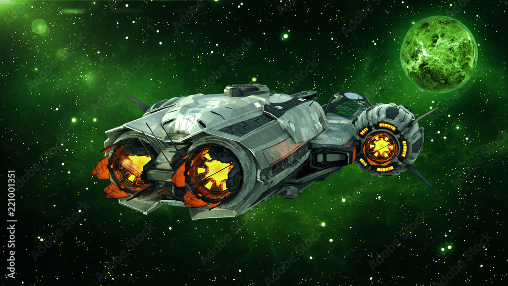 Ilustração do Stock: Alien spaceship in deep space with planets and ...