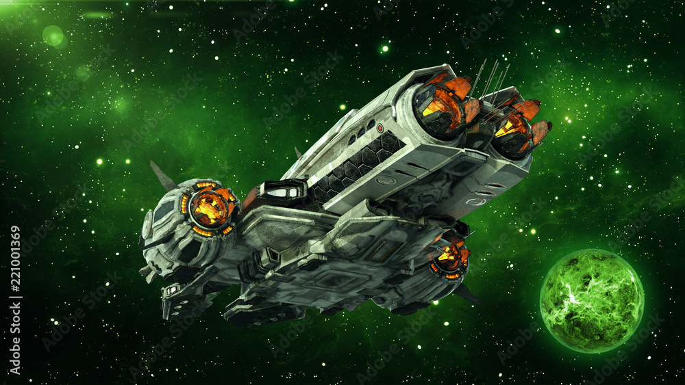 Alien spaceship in deep space with planets and stars in the background ...