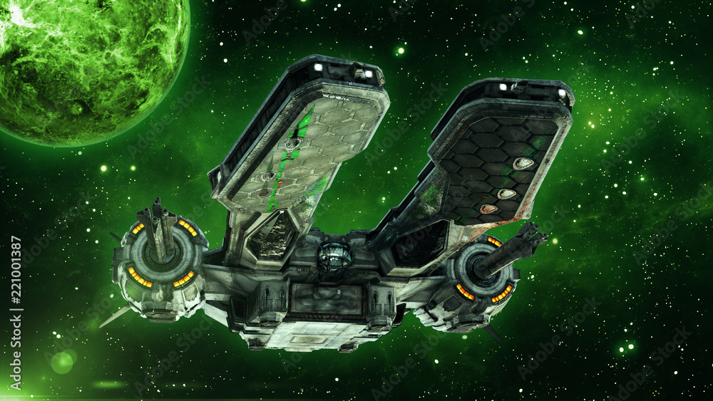 Alien spaceship in deep space with planets and stars in the background ...