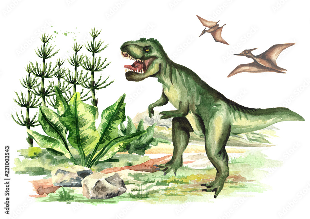 Dinosaur Tyrannosaurus and Pterodactyl in prehistorical landscape ...