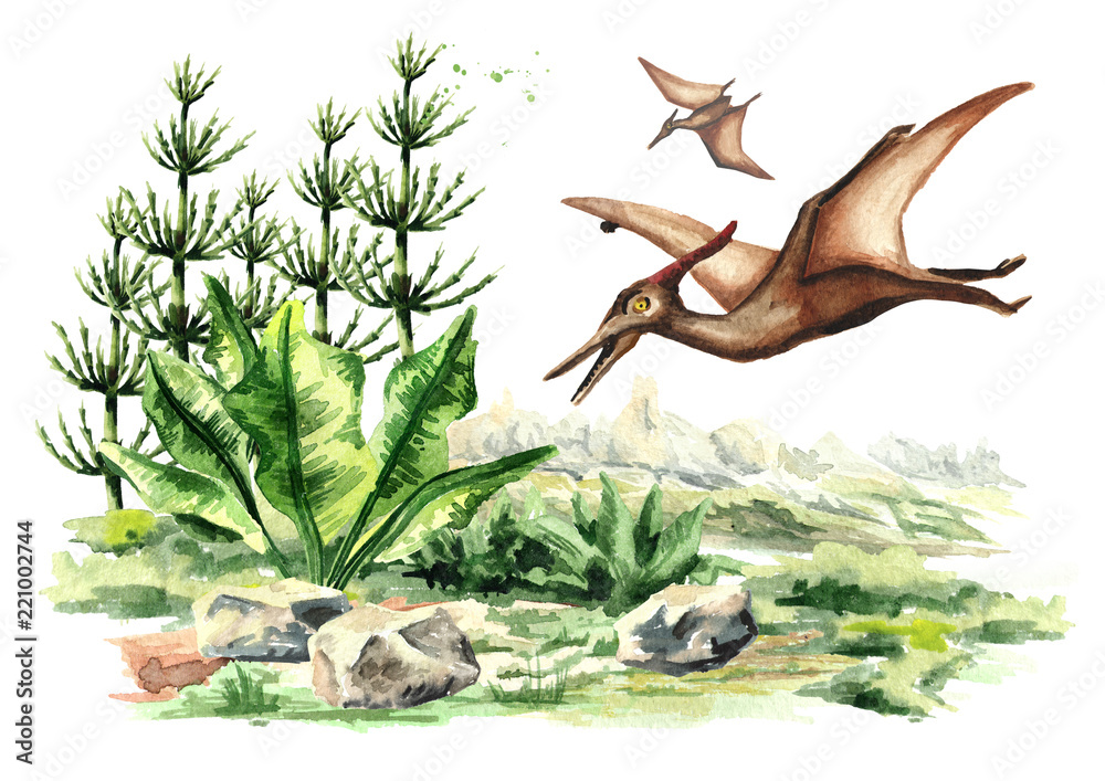 Pterodactyl dinosaur in prehistorical landscape. Watercolor hand drawn ...