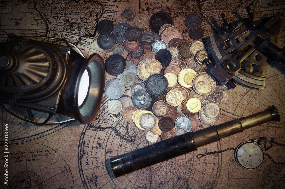 Ship lantern, compass, old coins and sextants. Travel and marine ...