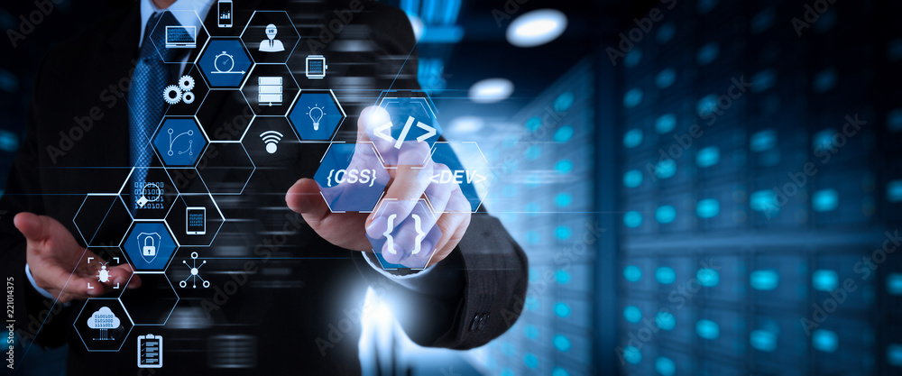 Coding software developer work with augmented reality dashboard ...