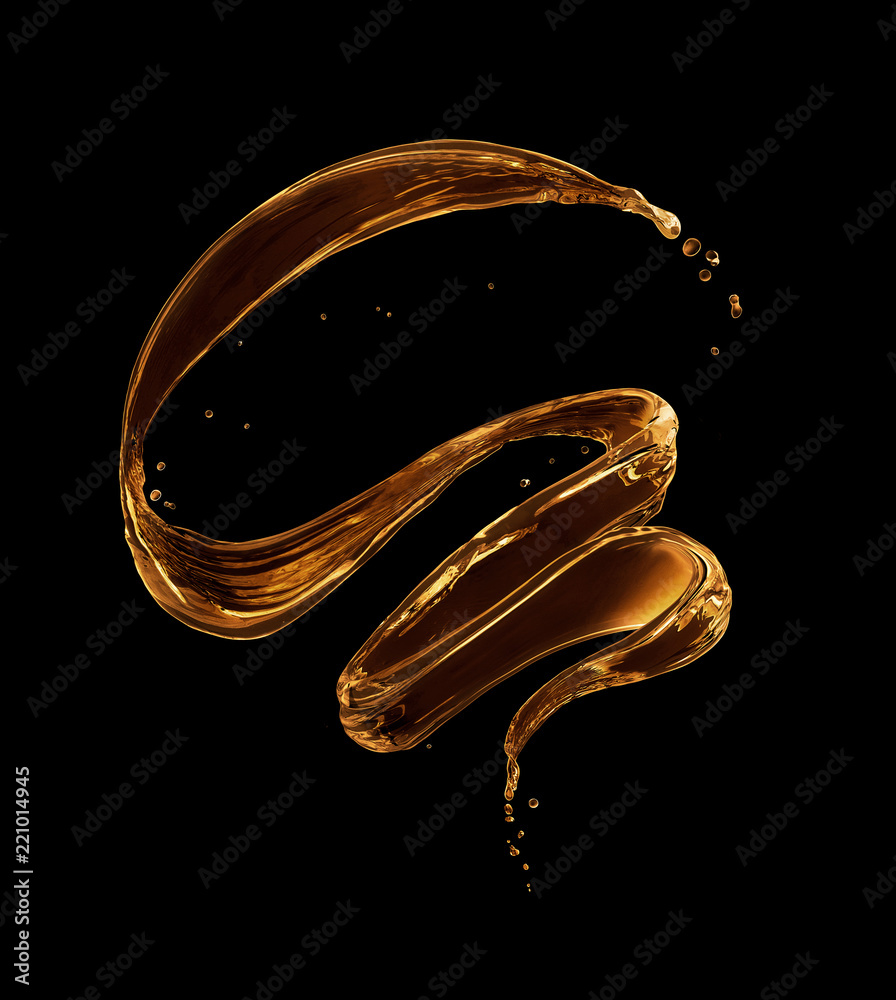 Splashes of oily liquid in a swirling shape on a black background Stock ...
