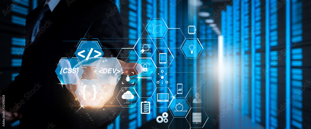 Coding software developer work with augmented reality dashboard computer icons of scrum agile ...