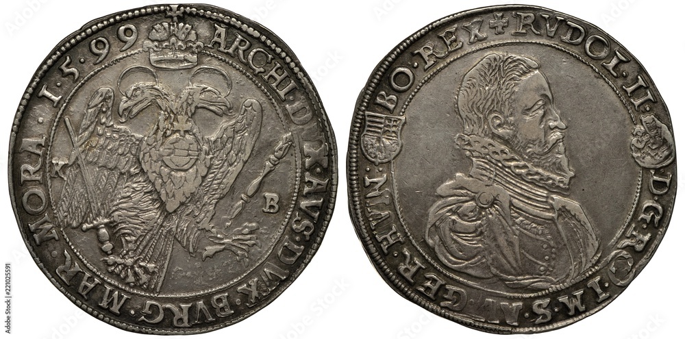 Holy Roman Empire silver coin 1 one thaler 1599, crowned eagle holding ...