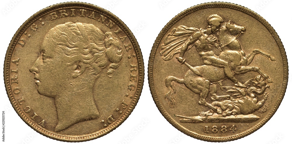 Great Britain British golden coin 1 one sovereign 1884, head of Queen ...